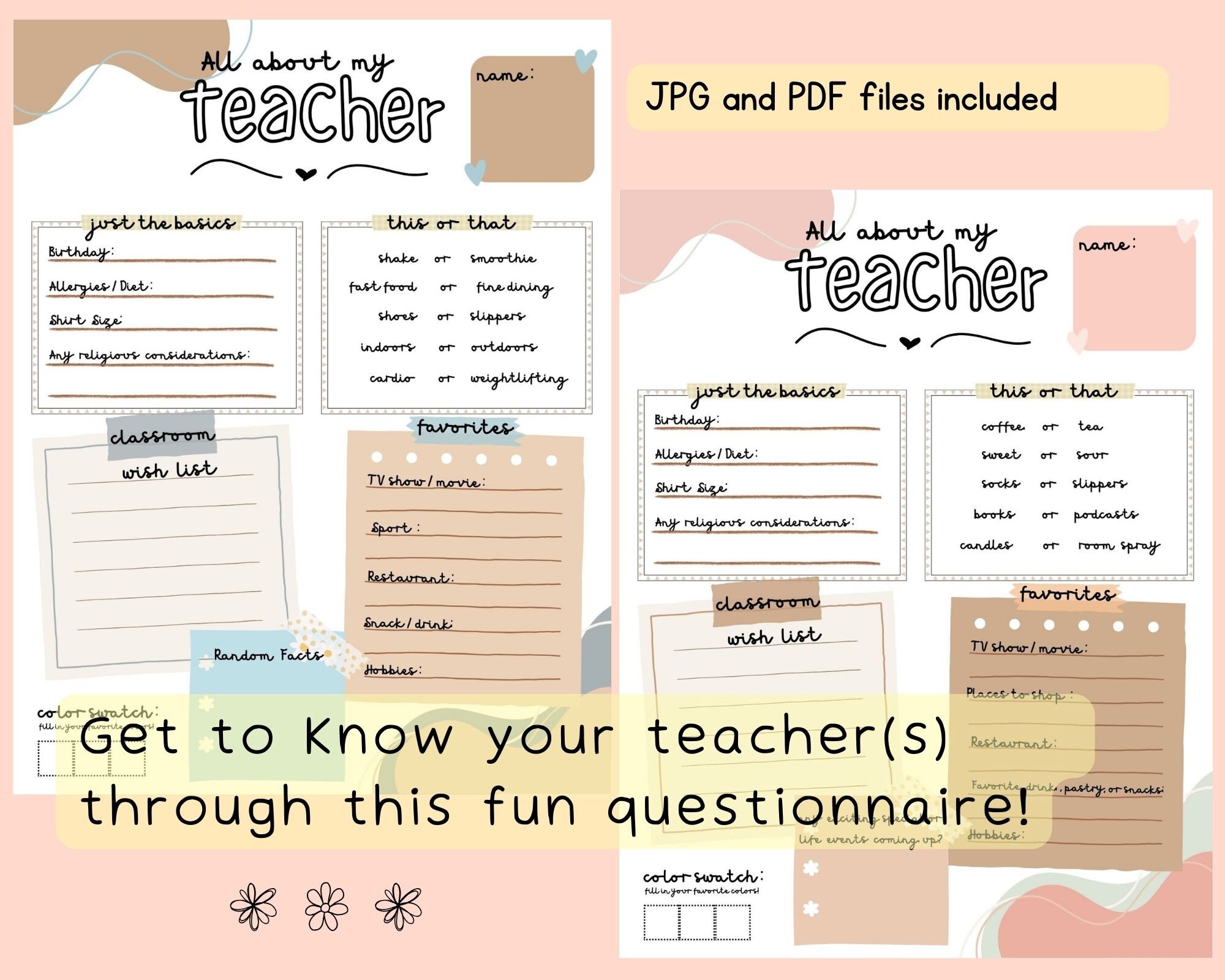 All About My Teacher Instant Download Printable Worksheet Back to ...