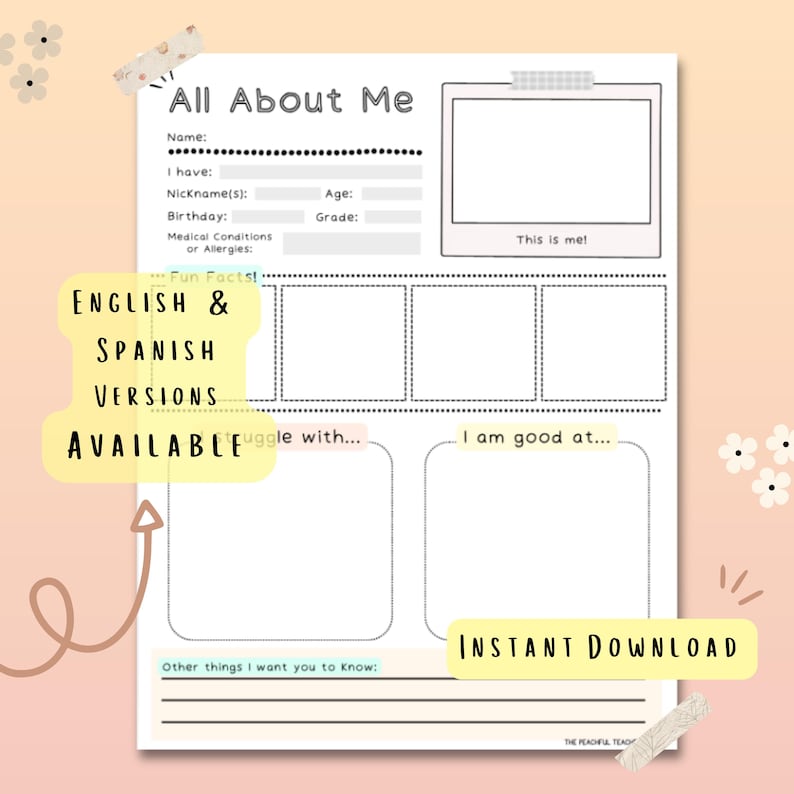 All About Me Student Printable Activity Worksheet, Digital Download ...