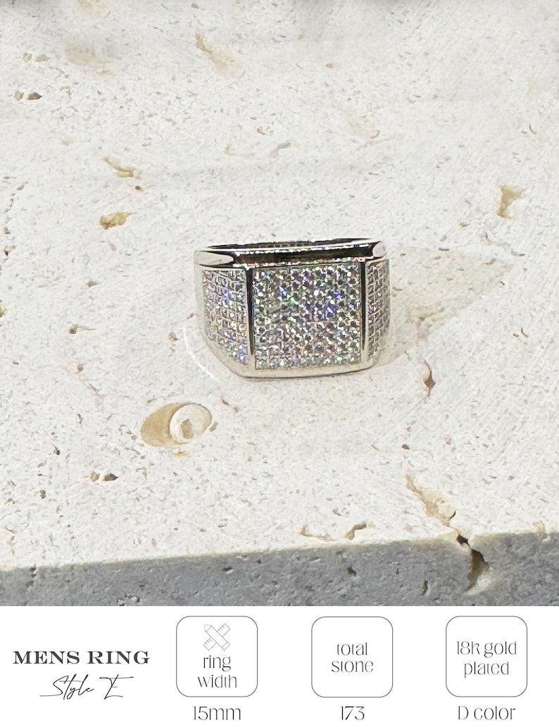 MOISSANITE Diamond Pinky Ring Square Iced Out Silver Jewelry 18K Gold ...
