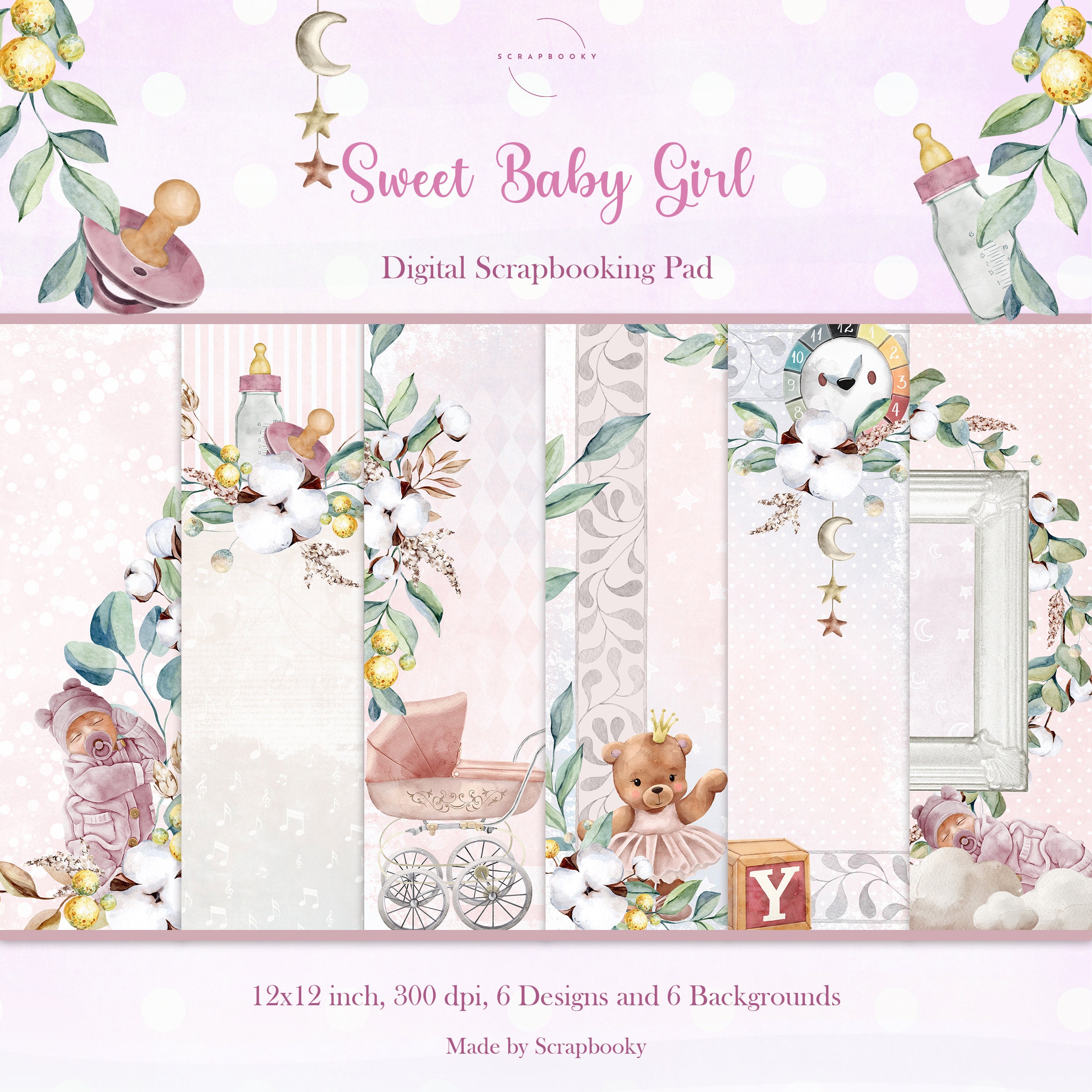 Set of Gentle Colours Baby Girl Digital Paper, Baby Girl Digital Paper ...