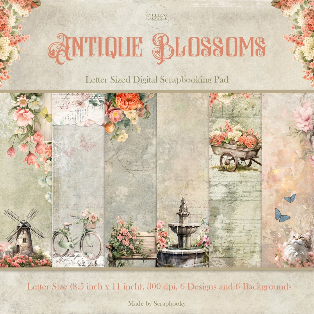 Antique Blossoms Printable Scrapbook Pack 8.5x11 Inch Digital Paper ...