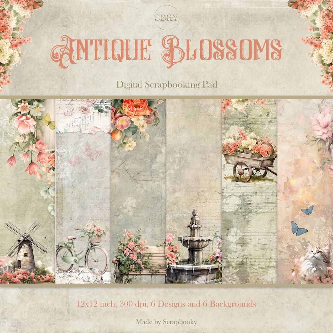 Antique Blossoms Printable Scrapbook Pack 12x12 Digital Paper Vintage ...