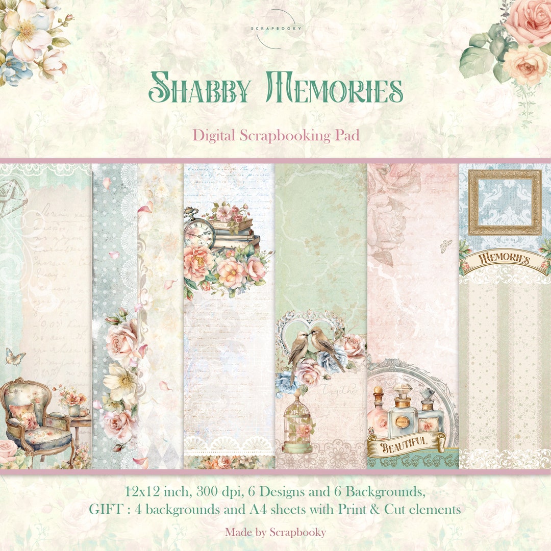 Shabby Memories Scrapbook Pack 12x12 Printable Digital Paper, Elegant ...