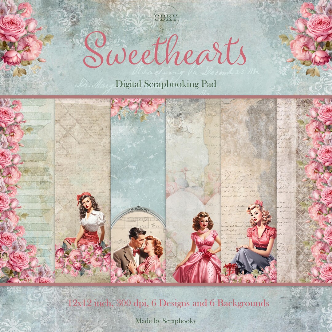 Sweethearts Printable Scrapbook Pack 12x12 Digital Paper Vintage St ...