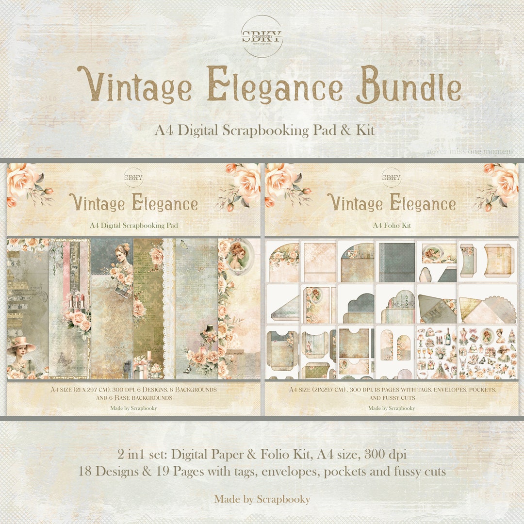 А4 Vintage Elegance Bundle Folio Kits and Design Paper, Print & Cut ...