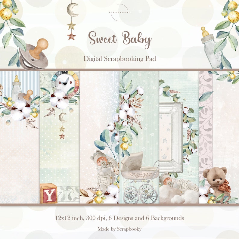 Set of Gentle Colours Neutral Gender Digital Paper, Baby Scrapbook ...