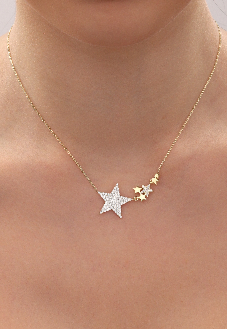18K Gold Sterling Silver Star Necklace, Cubic Zirconia Celestial ...