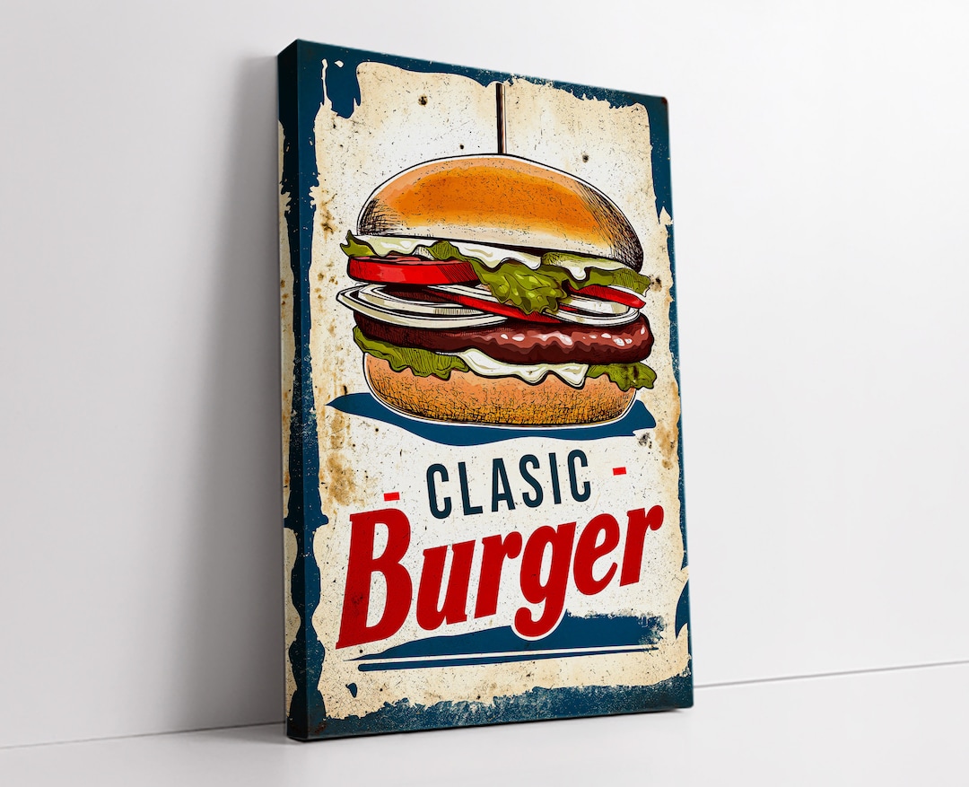 Clasic Burger Canvas Wall Art Print, American Kitchen Decor for Food ...