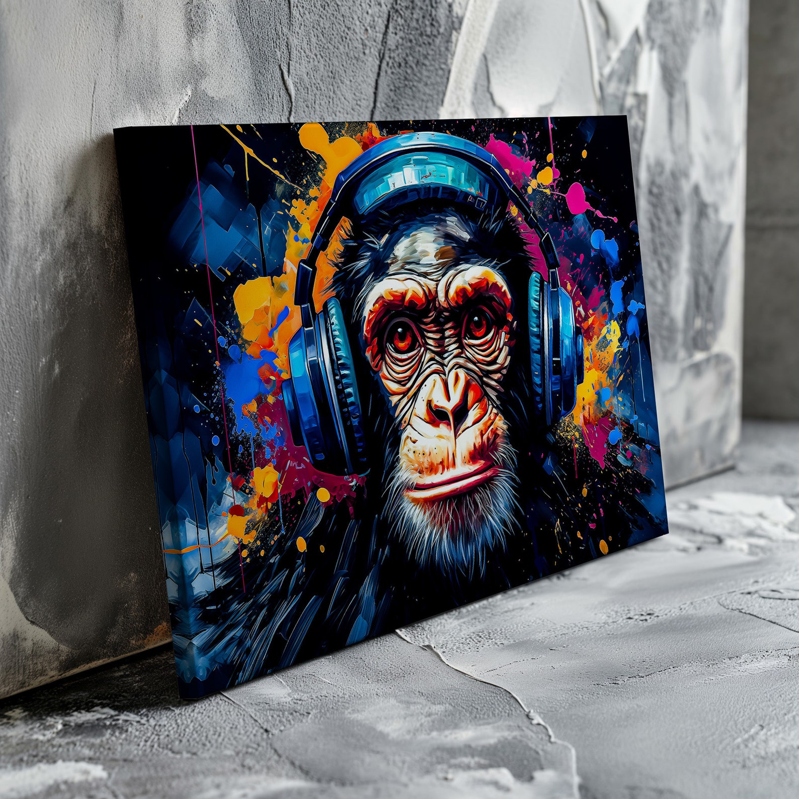 Monkey Music Headphones Canvas Wall Art Print, Cool Chimpanzee ...