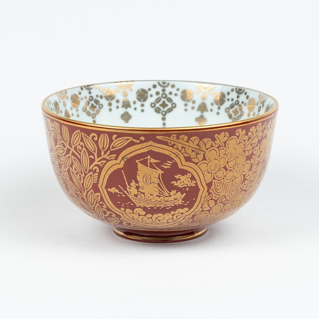 Kyo-yaki Kinrande Chawan With Red and Gold Overglaze Enamel Bird and ...