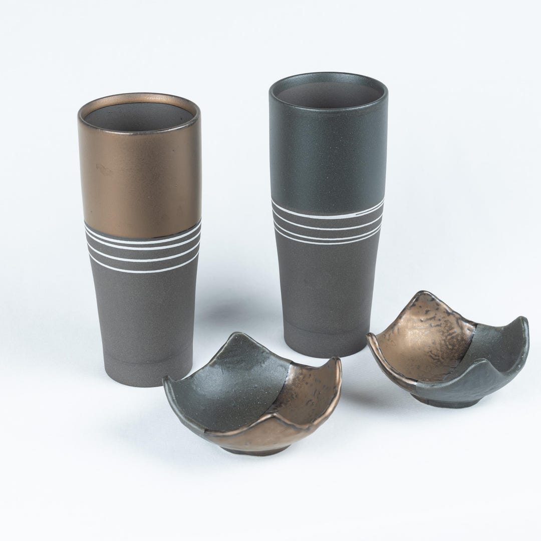 Mino Gold Silver Pair Shochu Tumbler Cups With Mamezara 美濃金彩ペアタンブラー豆皿 ...