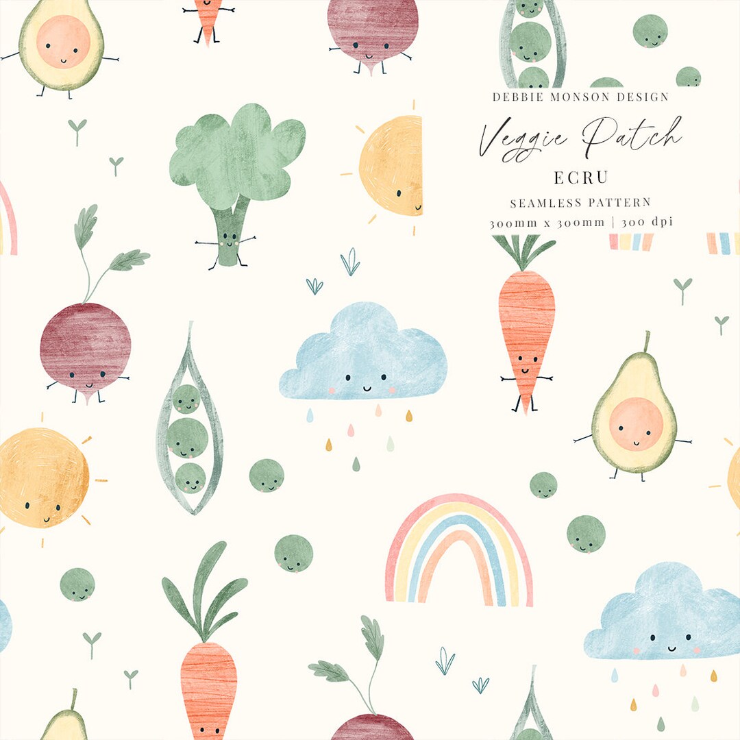 Veggie Patch, Seamless Pattern in Ecru | Cute Vegetable Characters ...