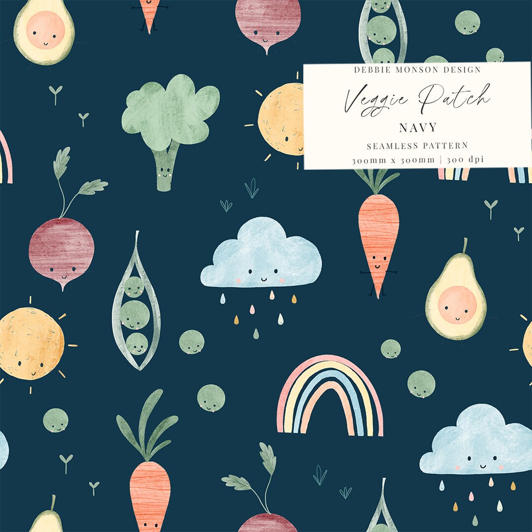 Veggie Patch, Seamless Pattern in Navy Blue | Cute Vegetable Characters ...