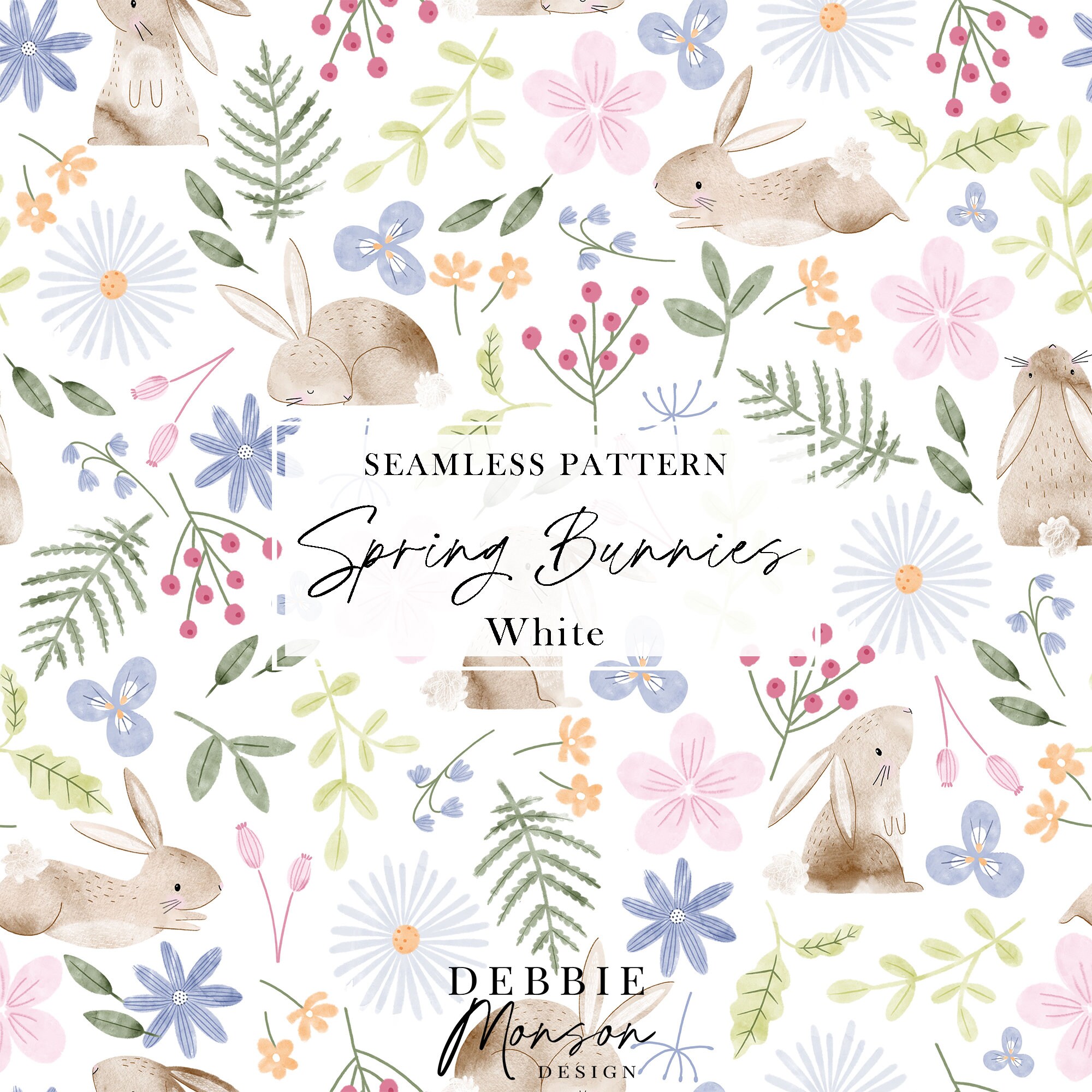Adorable Spring Bunnies Seamless Pattern White Background | Cute Bunny ...
