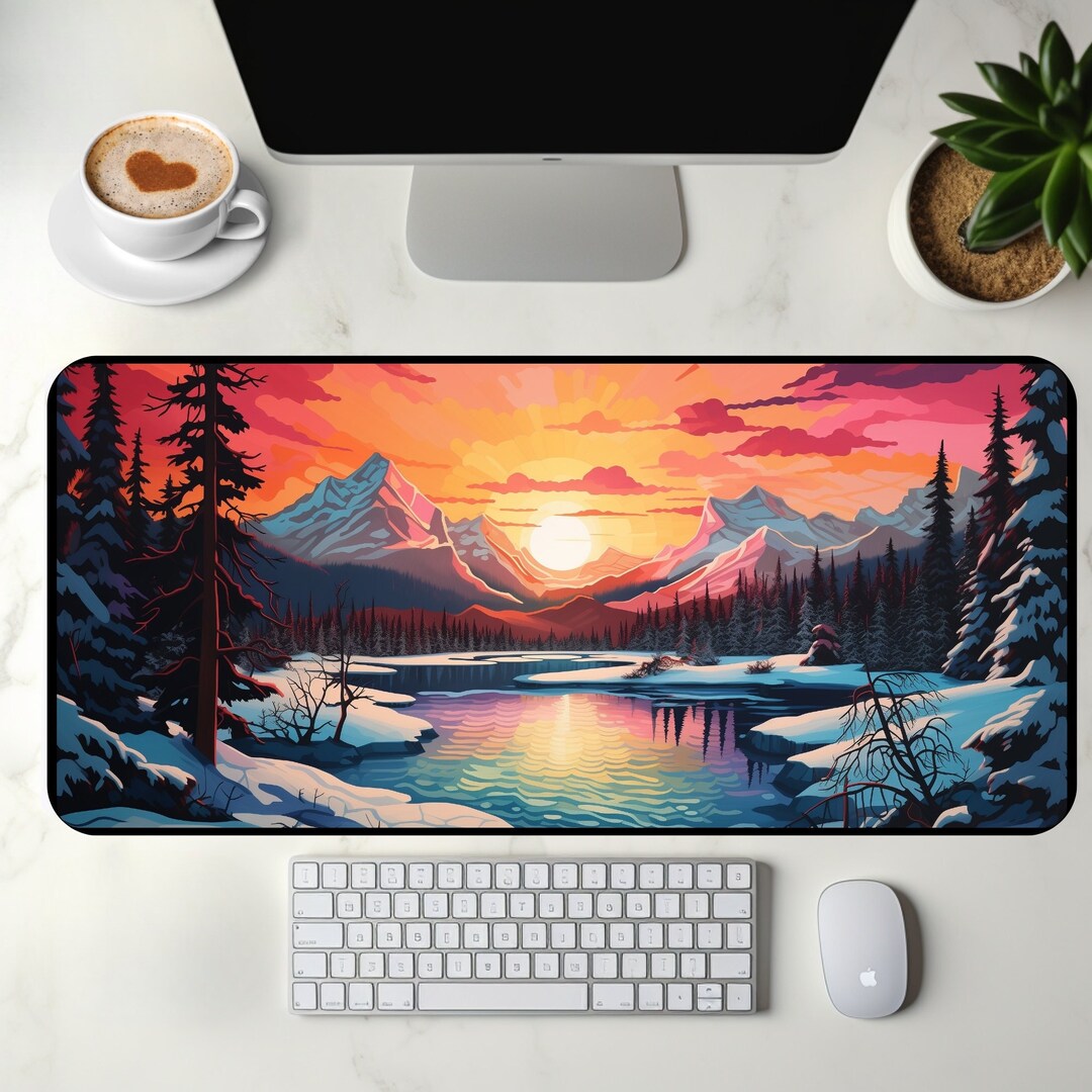 Sunset Mountains and Lake Landscape Desk Mat, Mystical Desk Mat ...