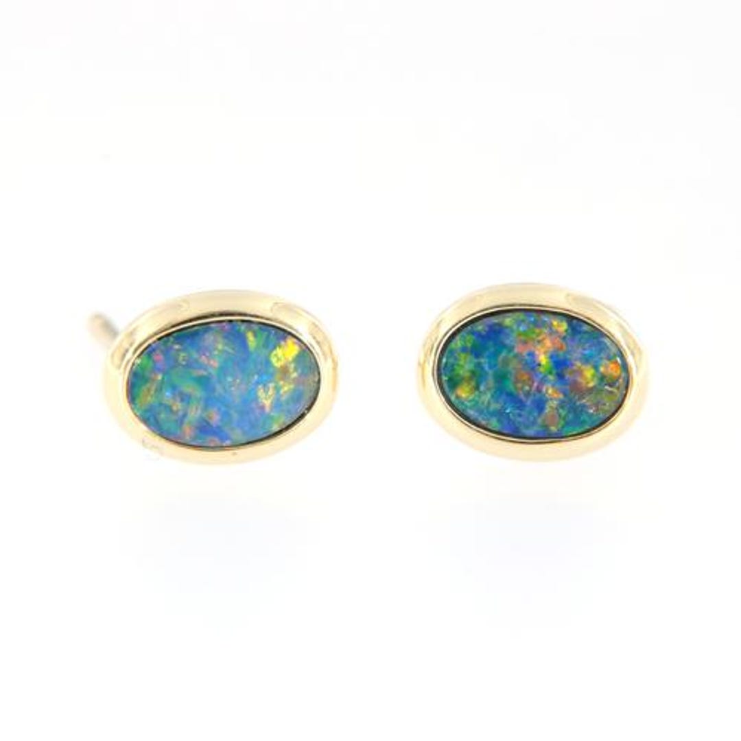 Oval Opal Doublets in Minimalist 14k Yellow Gold Stud Earrings - Etsy
