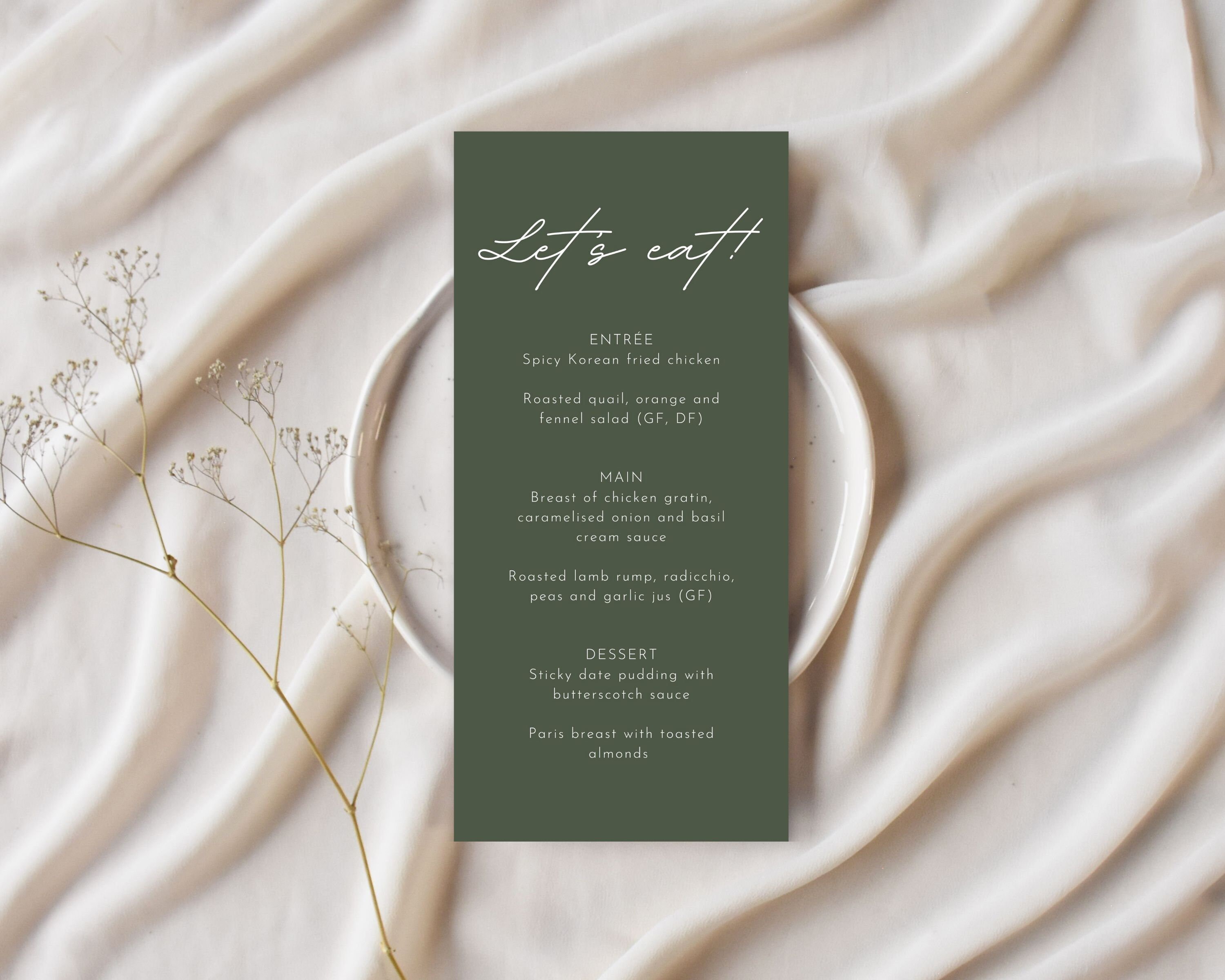 Minimalist Green Wedding Menu Template Wedding Template - Etsy