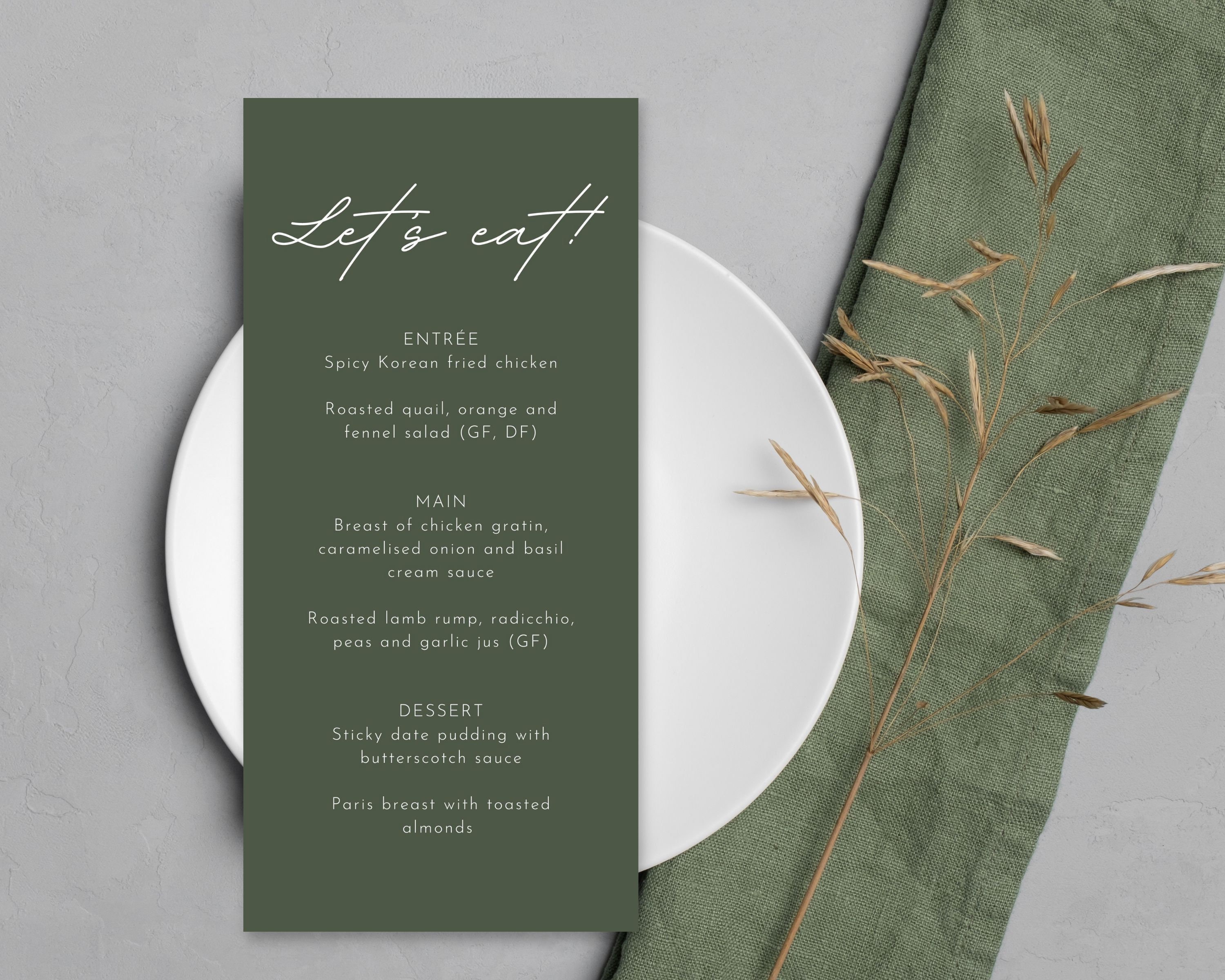 Minimalist Green Wedding Menu Template Wedding Template - Etsy