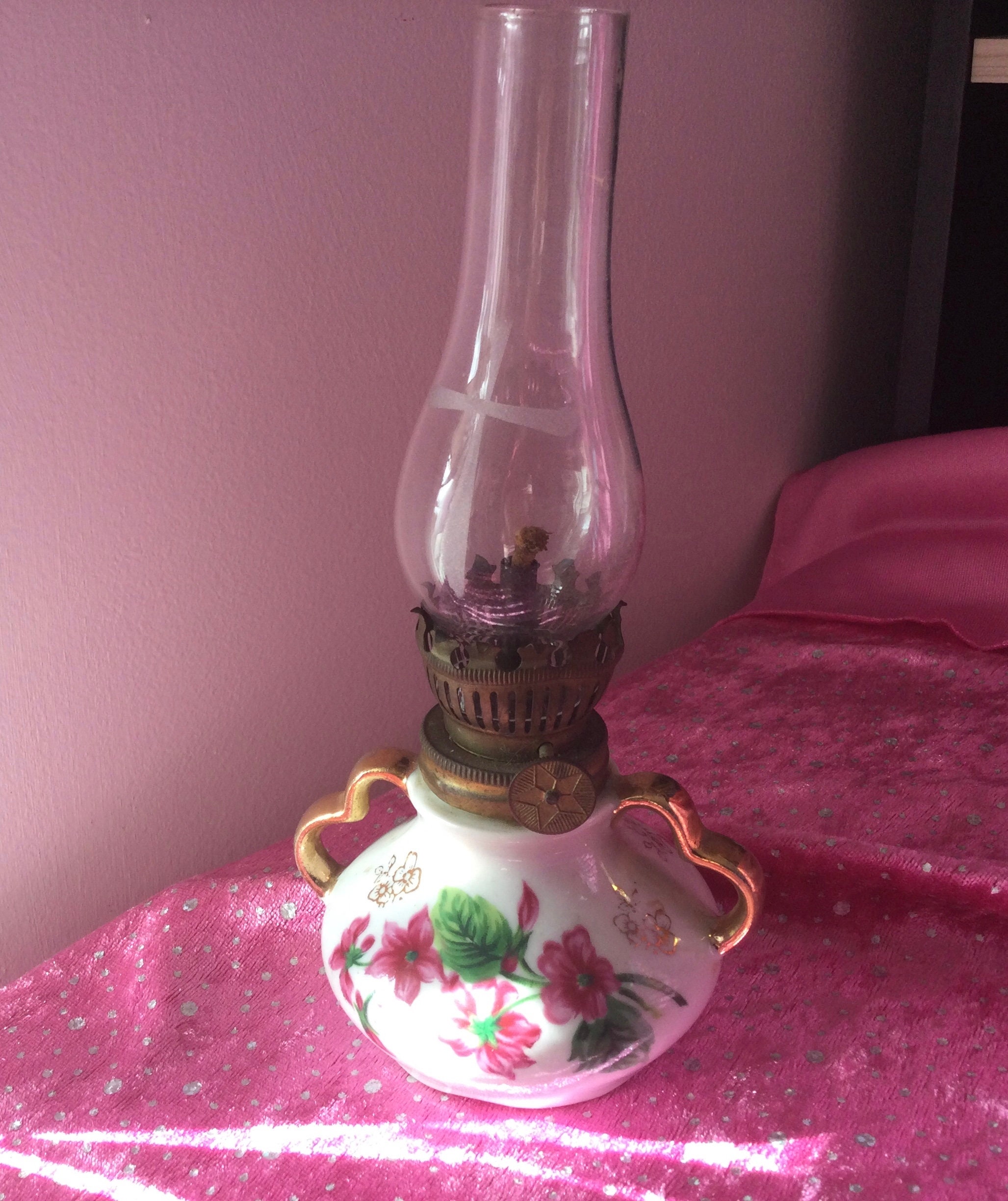 Vintage Fine China Small Oil Lamp Floral Design With Two Gold Handles ...