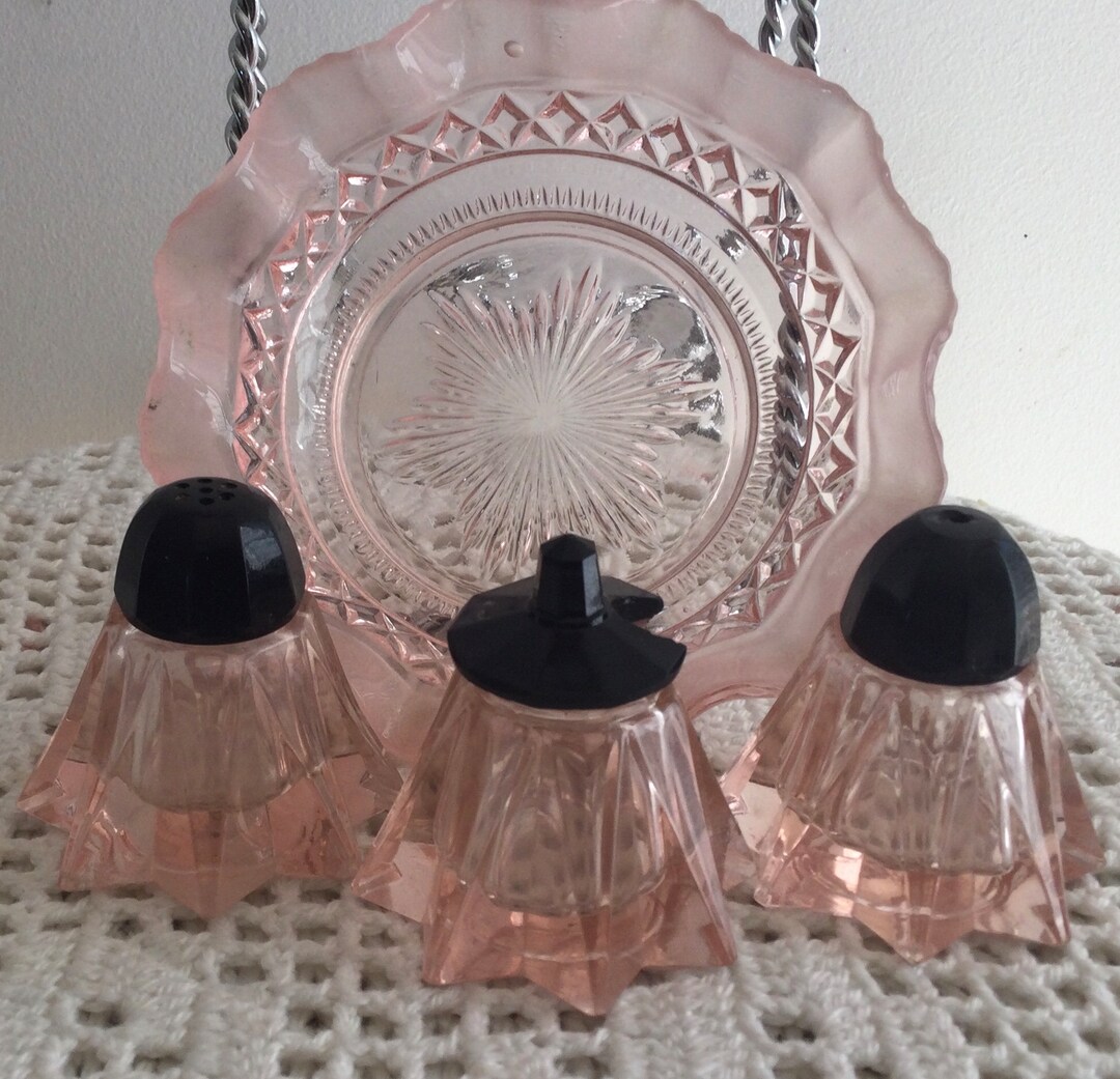 Pink Depression Glass Condiment Set With Bakelite Lid Czechoslovakia ...