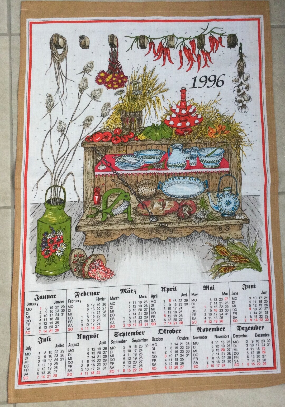 German Souvenir 1996 Calendar Tea Towel/ 1996 Calendar Tea Towel in ...