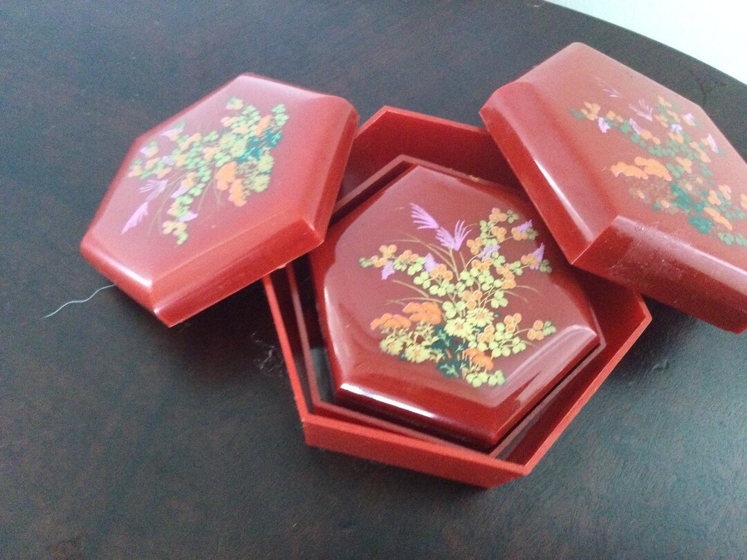 Vintage Plastic Octagonal Red Jewellery Storage Boxes Set of 3 Floral ...