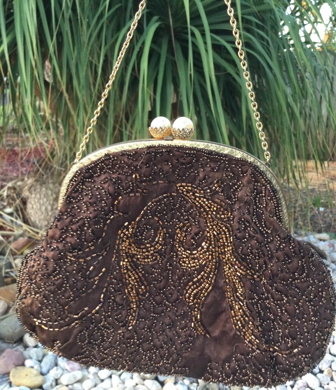 Vintage Satin Copper Beaded Handbag With Gold Chain Strap Retro Gold ...