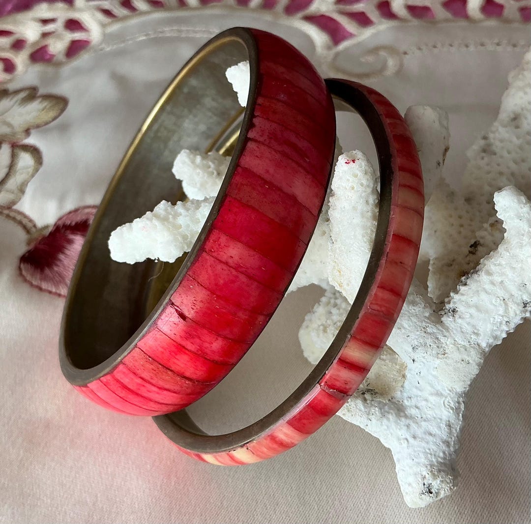 Set of 2 Red Bone Bangle on Brass Perfect Condition Medium/ Large Size ...