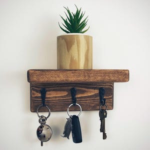 Wooden Key Holder With Shelf, Rustic Wall Mounted Key Rack, Handcrafted ...