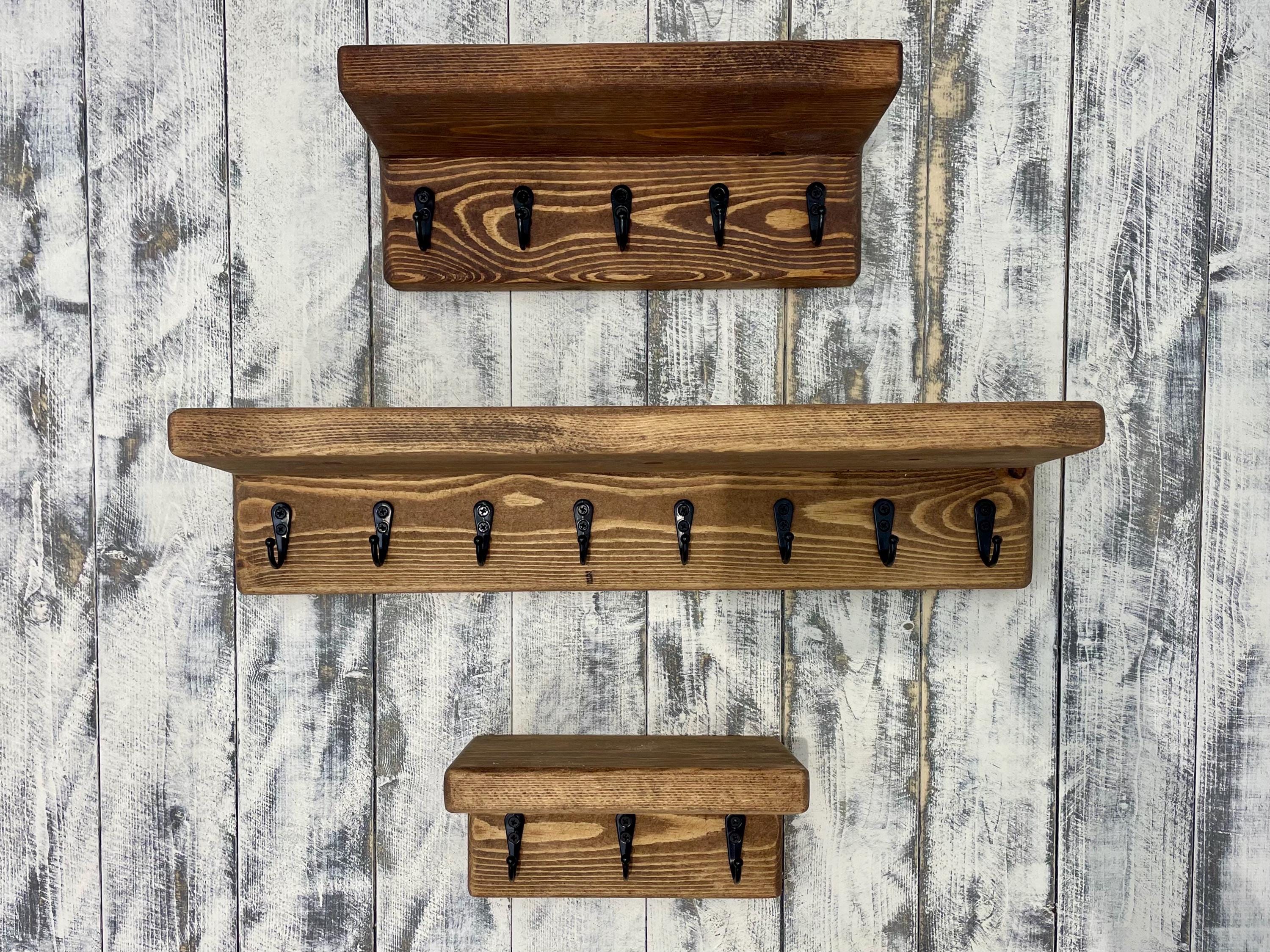 Wooden Key Holder With Shelf, Rustic Wall Mounted Key Rack, Handcrafted ...
