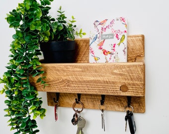 Rustic Wooden Wall-mounted Key Holder Shelf With 4 Hooks Entryway ...