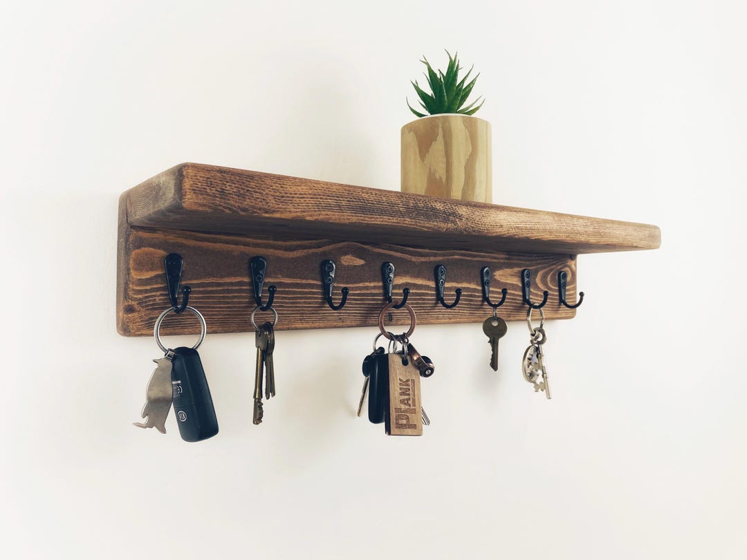 Wooden Key Holder With Shelf, Rustic Wall Mounted Key Rack, Handcrafted ...