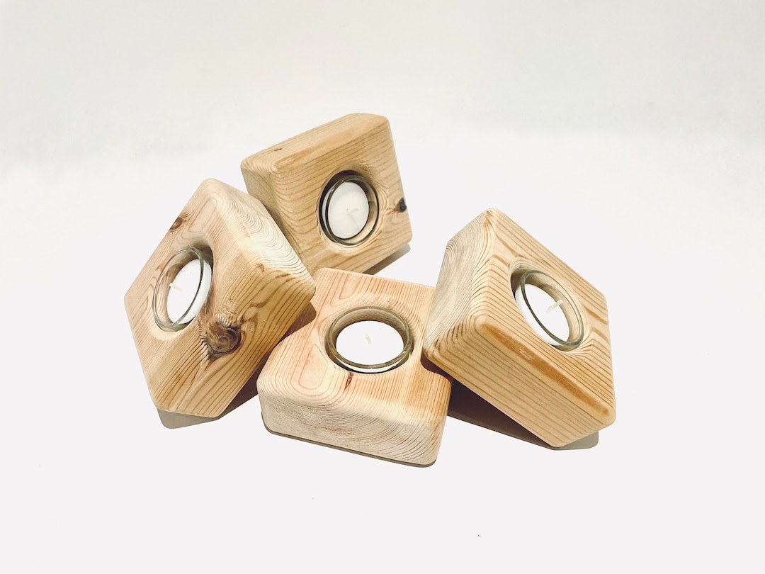 Rustic Wooden Tea Light Holders Set 4, Handmade Wood Candle Holder ...