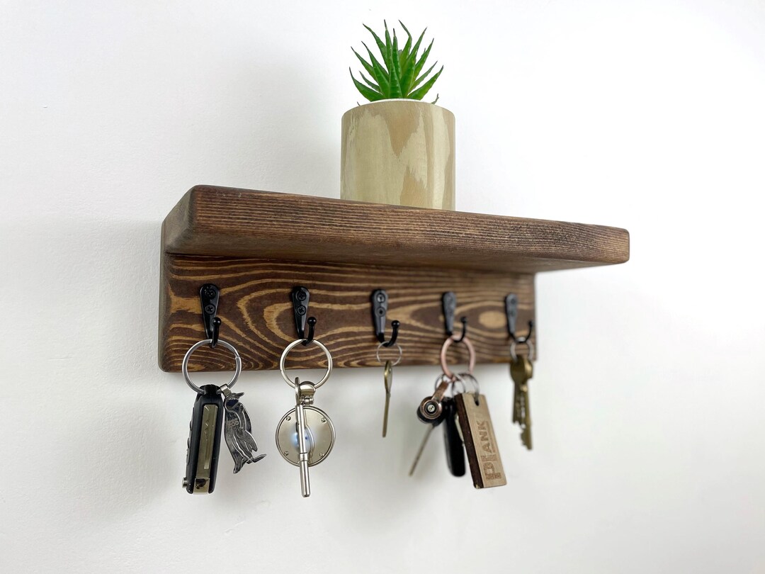 Wooden Key Holder With Shelf, Rustic Wall Mounted Key Rack, Handcrafted ...