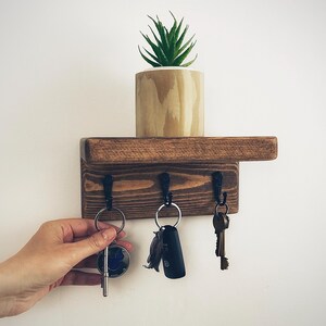 Wooden Key Holder With Shelf, Rustic Wall Mounted Key Rack, Handcrafted ...