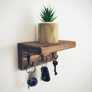 Wooden Key Holder With Shelf, Rustic Wall Mounted Key Rack, Handcrafted ...