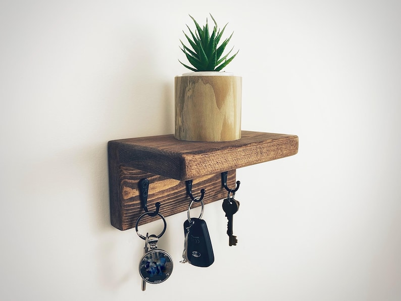 Wooden Key Holder With Shelf, Rustic Wall Mounted Key Rack, Handcrafted ...