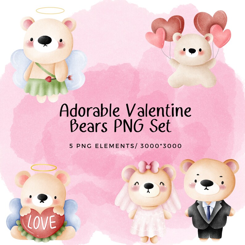 Watercolor Teddy Bear Clipart, 5 PNG Valentines Day Clipart, Valentines ...