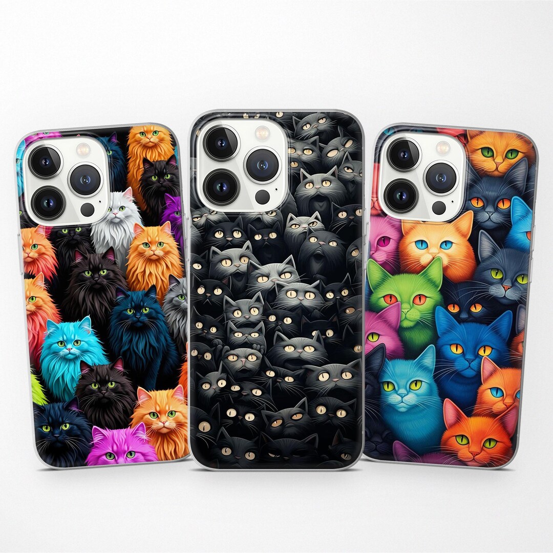 Cartoon Cat Phone Case Animal Cover for iPhone 16, 15, 14, 12 Pro, Fits ...