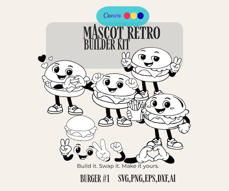 Retro Burger Mascot Builder Kit, Kawaii Fast Food Character Creator ...