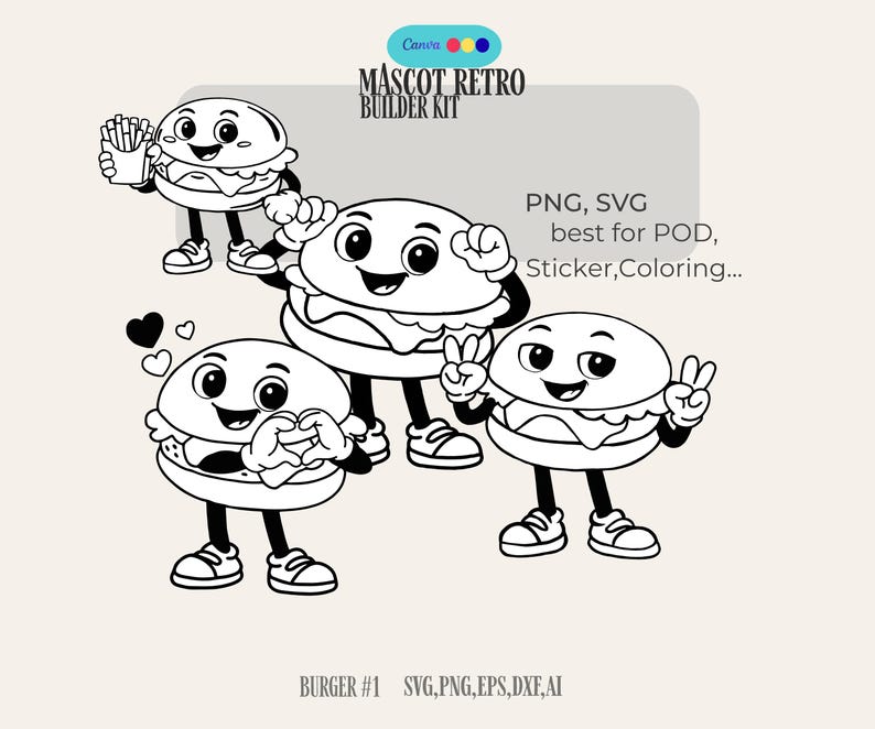 Retro Burger Mascot Builder Kit, Kawaii Fast Food Character Creator ...