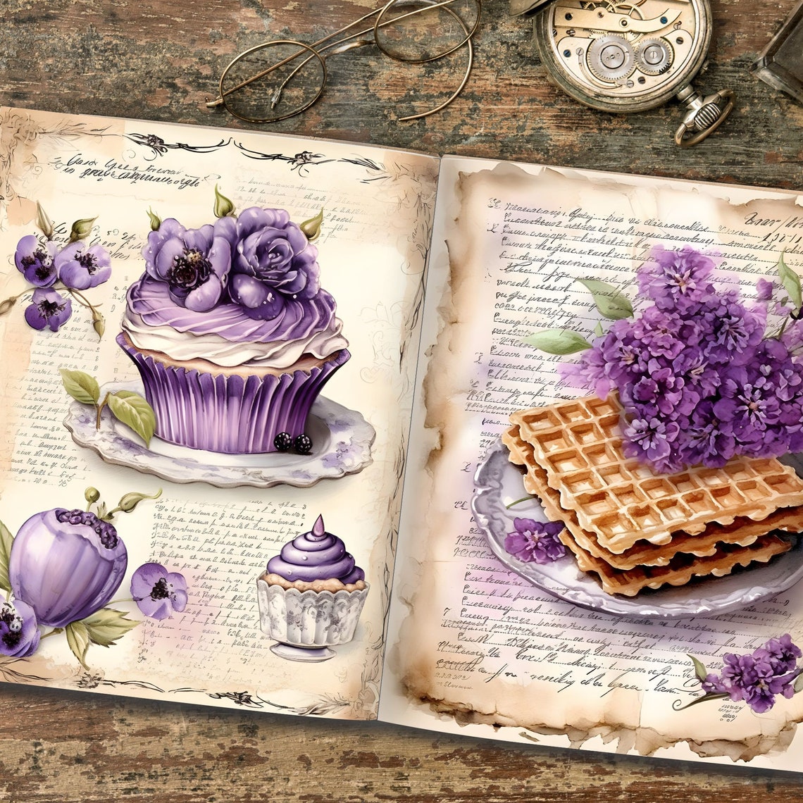 Junk Journal Kit Purple Vintage Cookbook Digital Scrapbook Digital ...