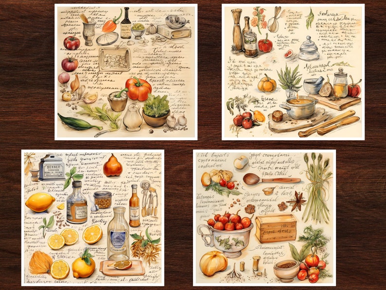 Vintage Cookbook Digital Paper: Food Ephemera Backgrounds (digital ...