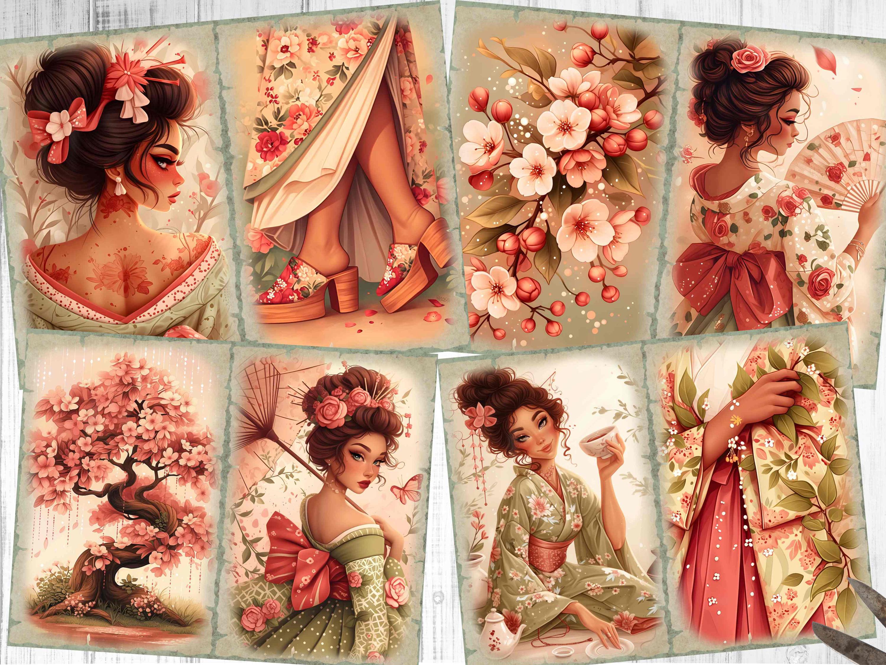 Vintage Japan Scrapbook Paper: Sakura Geisha Junk Journal Kit (digital ...