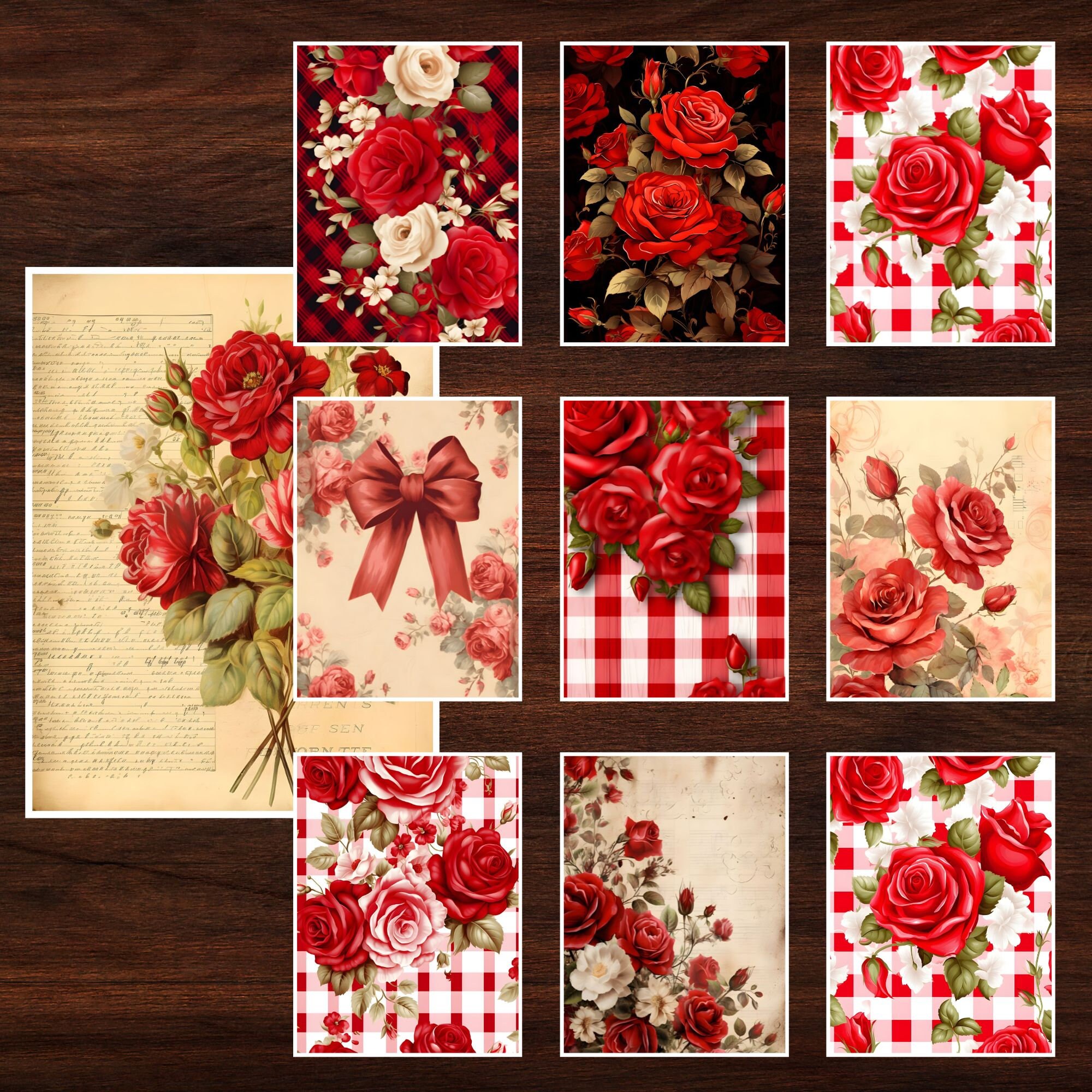 Red Backgrounds Junk Journal Kit Roses Watercolor Printable Digital ...
