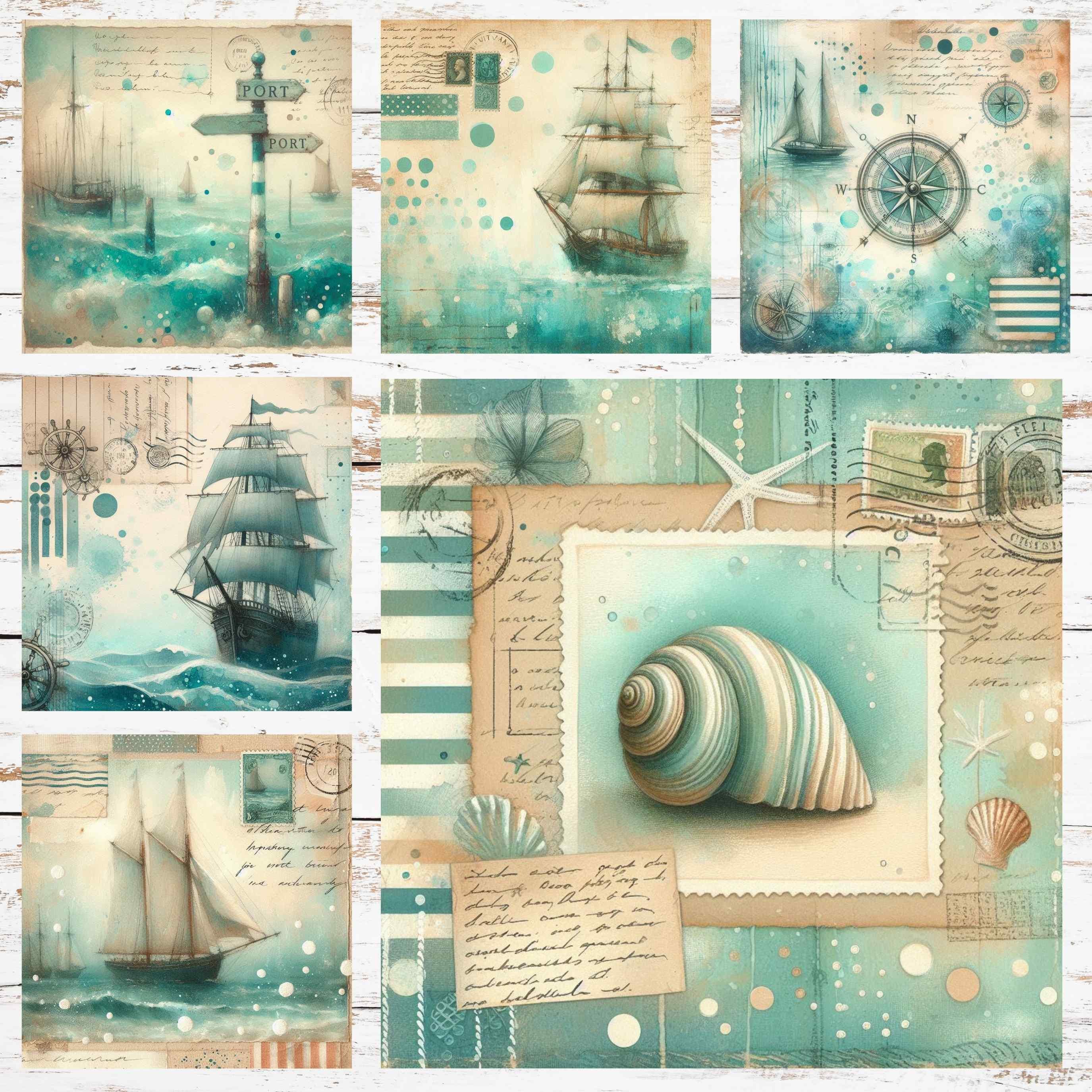 Nautical Postcards Junk Journal Pirat Backgrounds: Shabby Chic Ocean ...