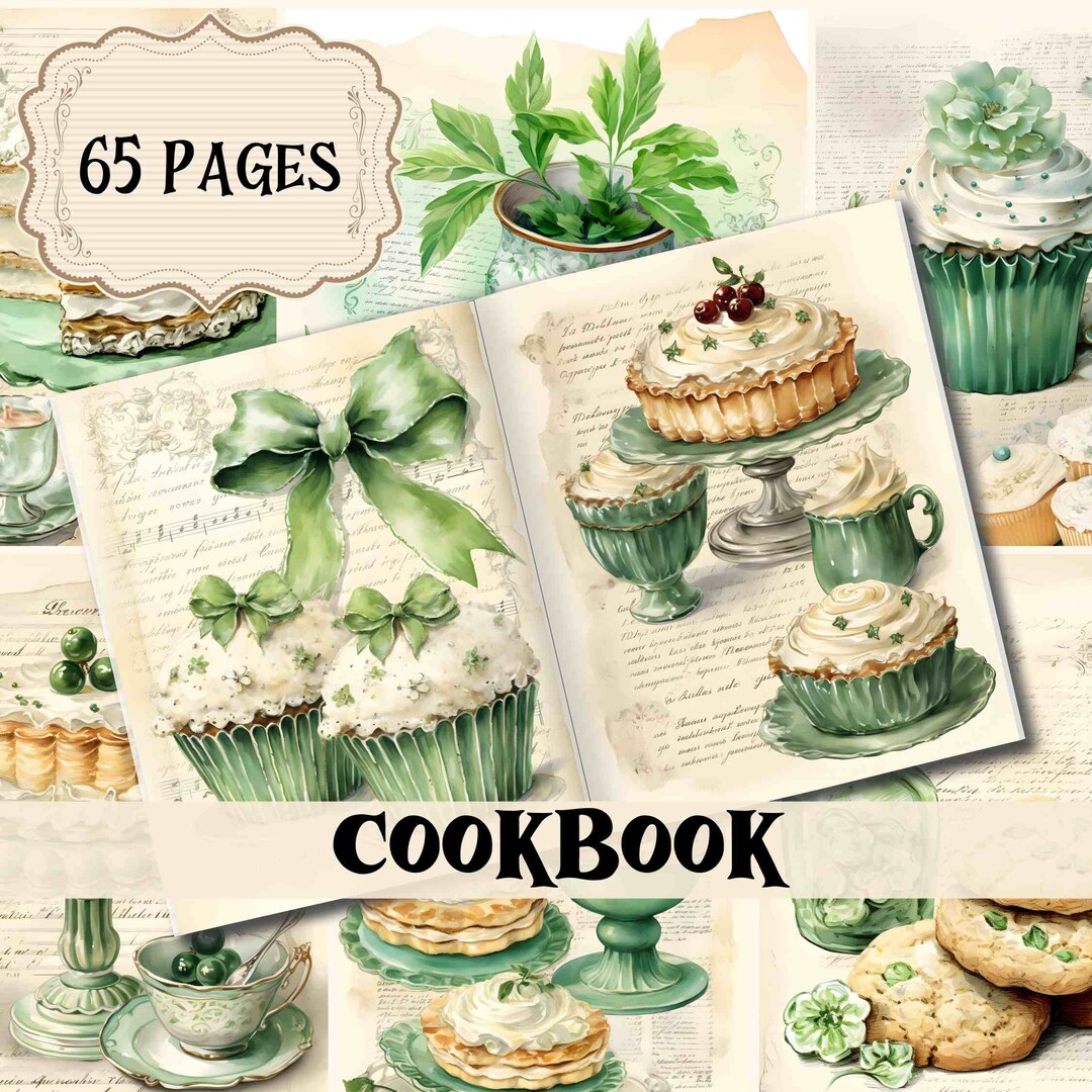 Cookbook Junk Journal Supplies Green Vintage Cookbook Scrapbook Digital ...