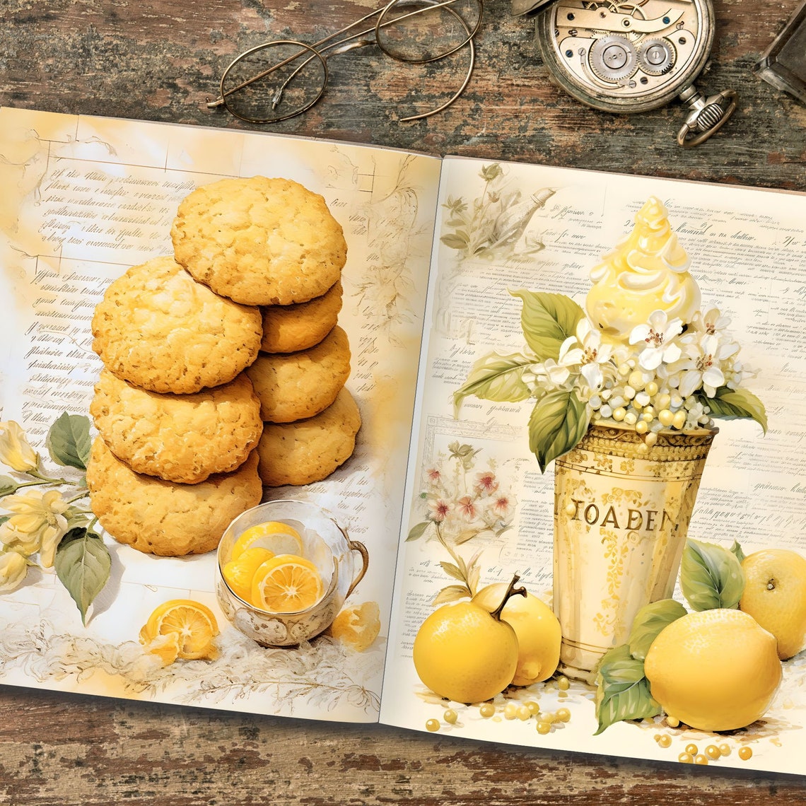 Junk Journal Kit Yellow Vintage Cookbook Scrapbook Digital Paper Kit ...