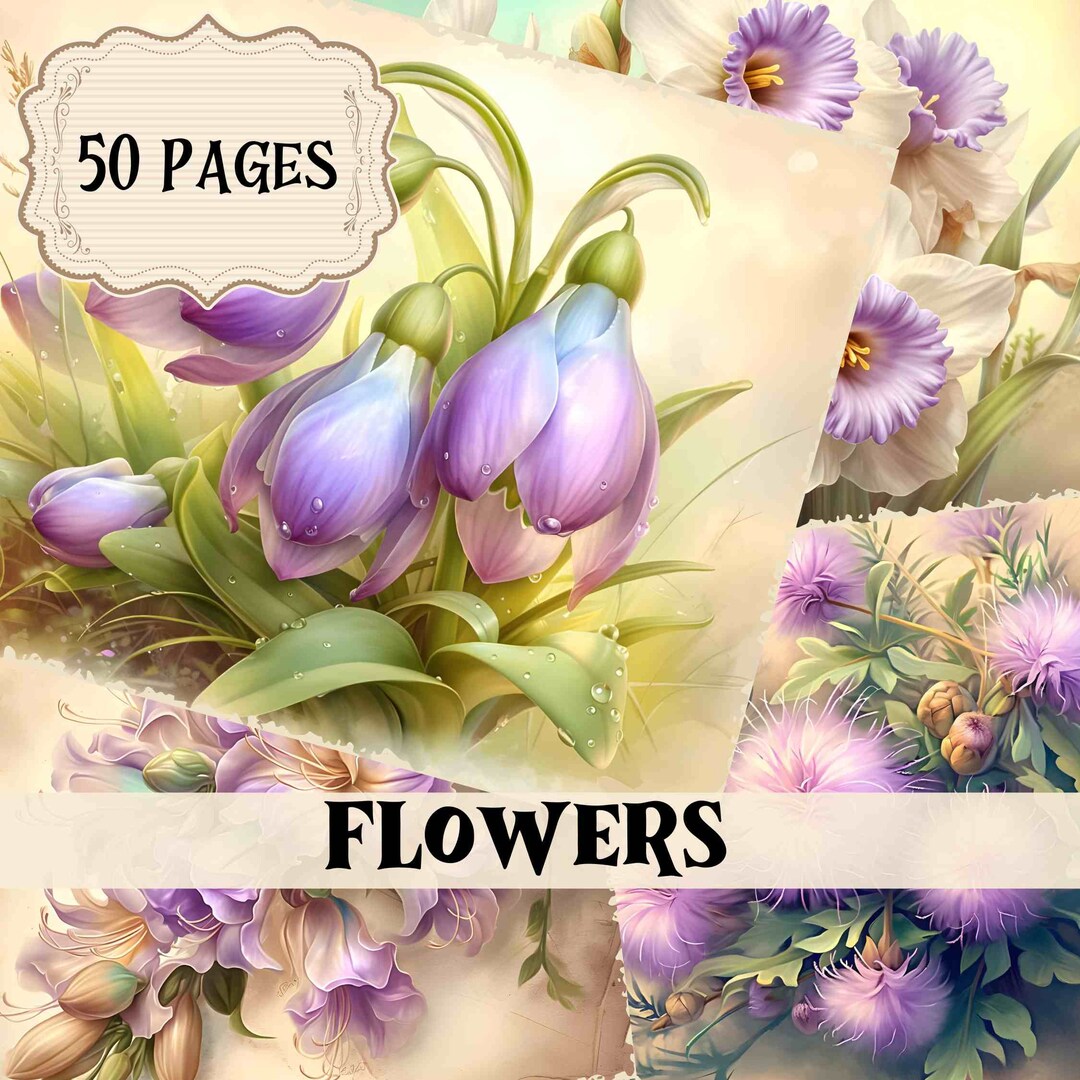 Purple Flowers Junk Journal Supplies Flowers Roses Tulips Lilies Purple ...