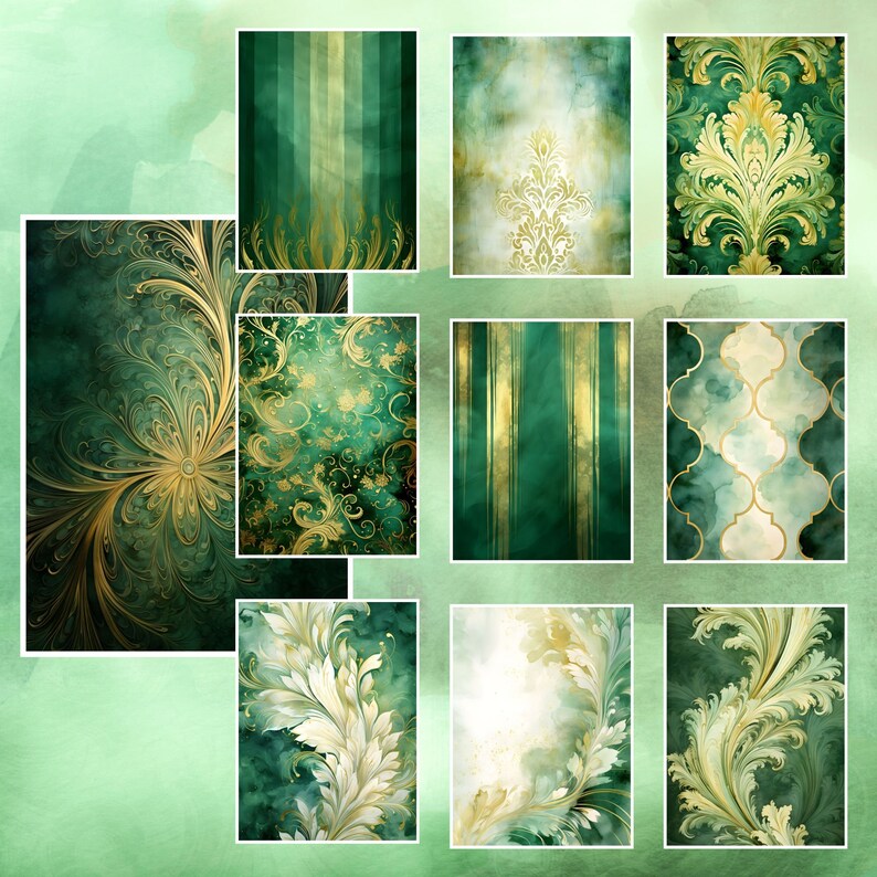 Green & Gold Watercolor Junk Journal Kit: Luxury Digital Paper (digital ...